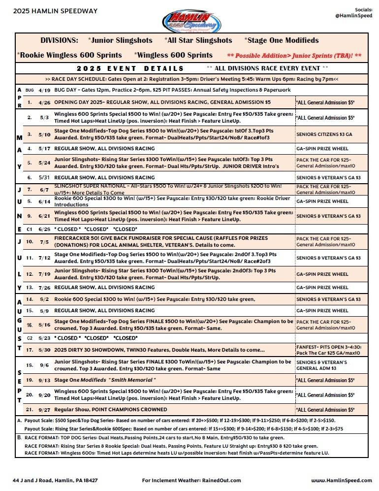 2025 HAMLIN SPEEDWAY *SCHEDULE **RELEASED!*