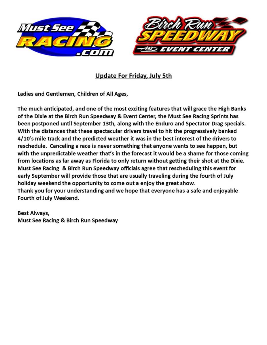 Races for July 5th have been postponed until September 13th!